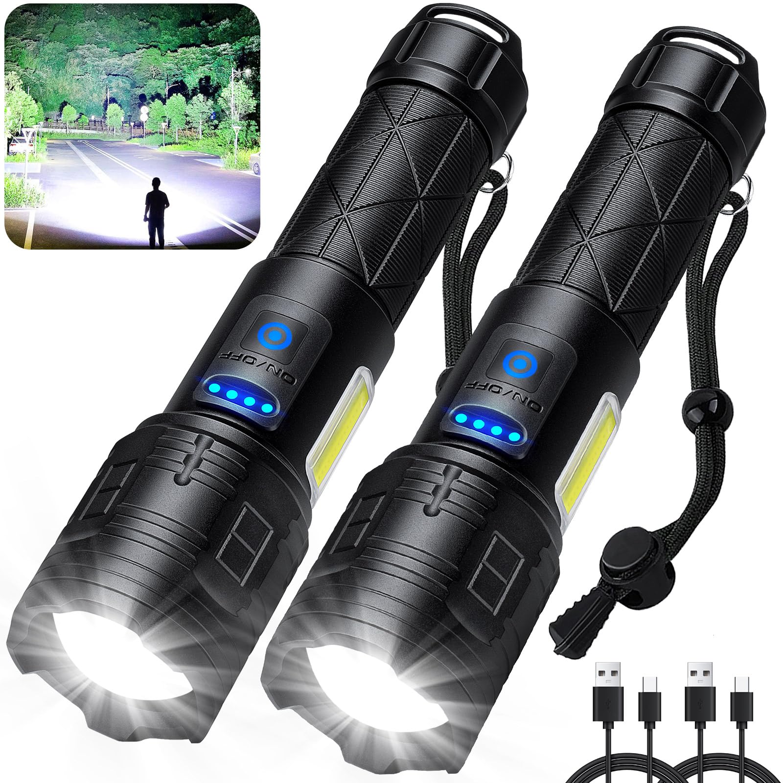 Kmivo Rechargeable LED Flashlights High Lumens 2 Pack, 900000 Lumen Super Bright Flashlight with USB Cable, 7 Modes Powerful Flashlight Waterproof Flash Light for Home Emergencies Camping