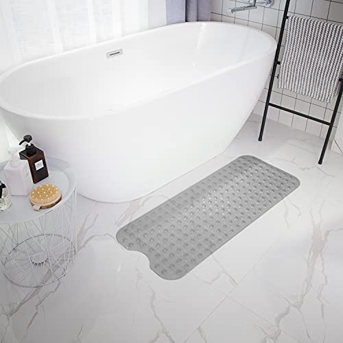TEESHLY Bathtub Mats for Shower Tub Extra Long Non-Slip Bath Mat, 39 x 16 Inch Shower Mat with Drain Holes and Suction Cups, Bath Tub Mat for Bathroom with Machine Washable (Clear Grey)