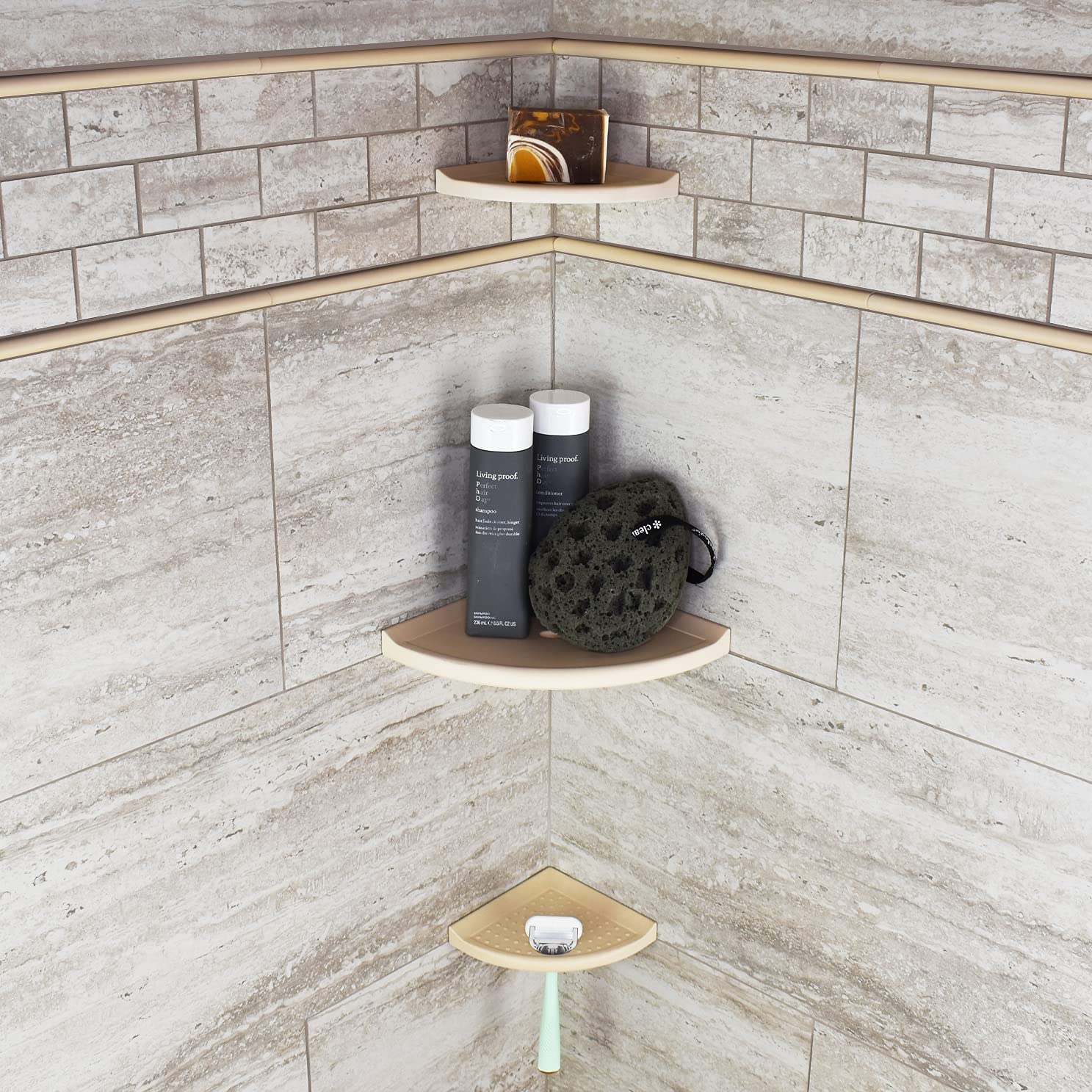 Questech Decor Corner Shower Shelf, Lugged for New Construction, Shower Corner Shelf for Tiled Walls, 10 Inch Metro Lugged Shower Caddy Bathroom Organizer, Sand Matte