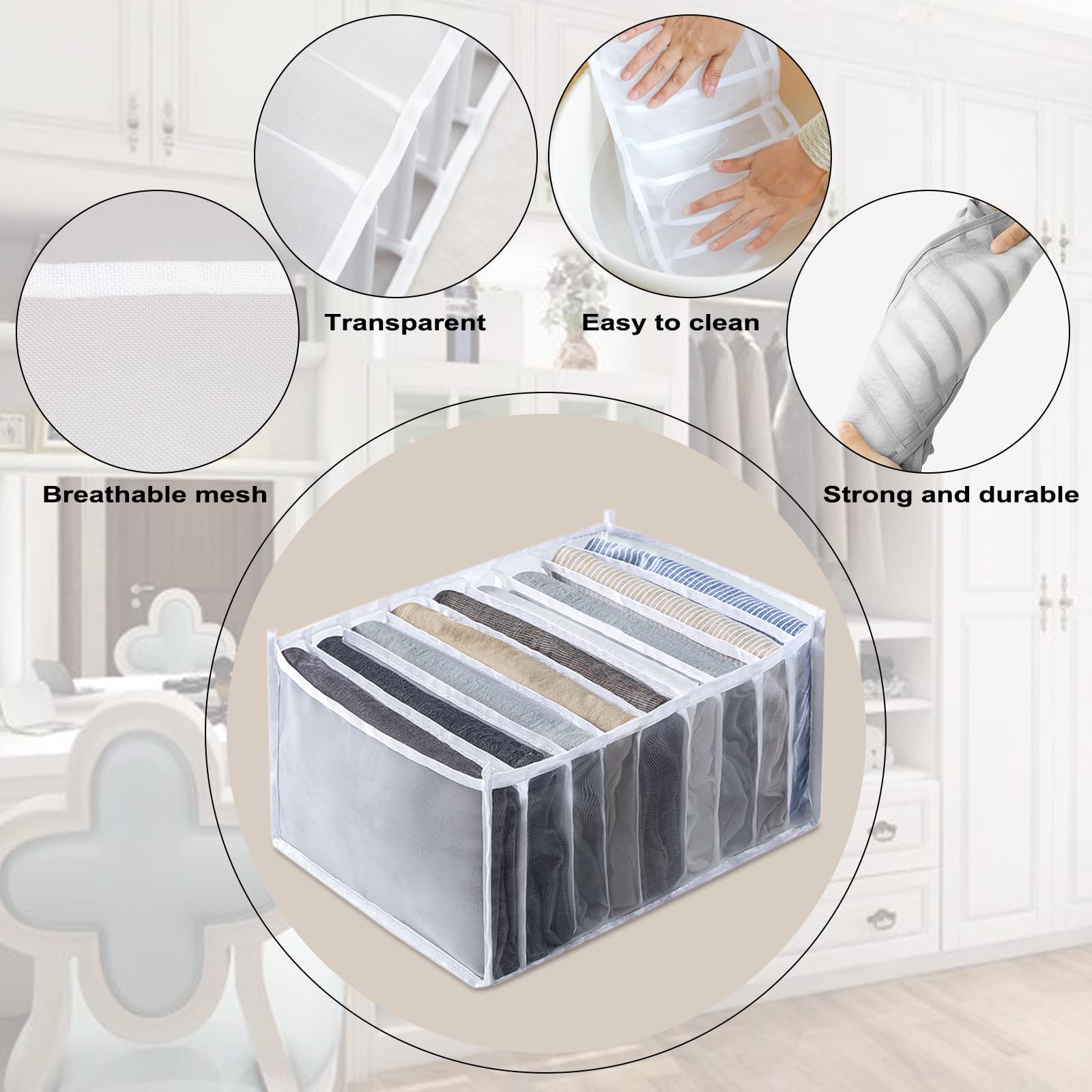 Evankin 3PCS Wardrobe Clothes Organizer - Drawer & Closet Storage Organizer - Nylon Mesh Organizer - 3-Kinds of Size for Jeans, Leggings, Shirts (Grey)