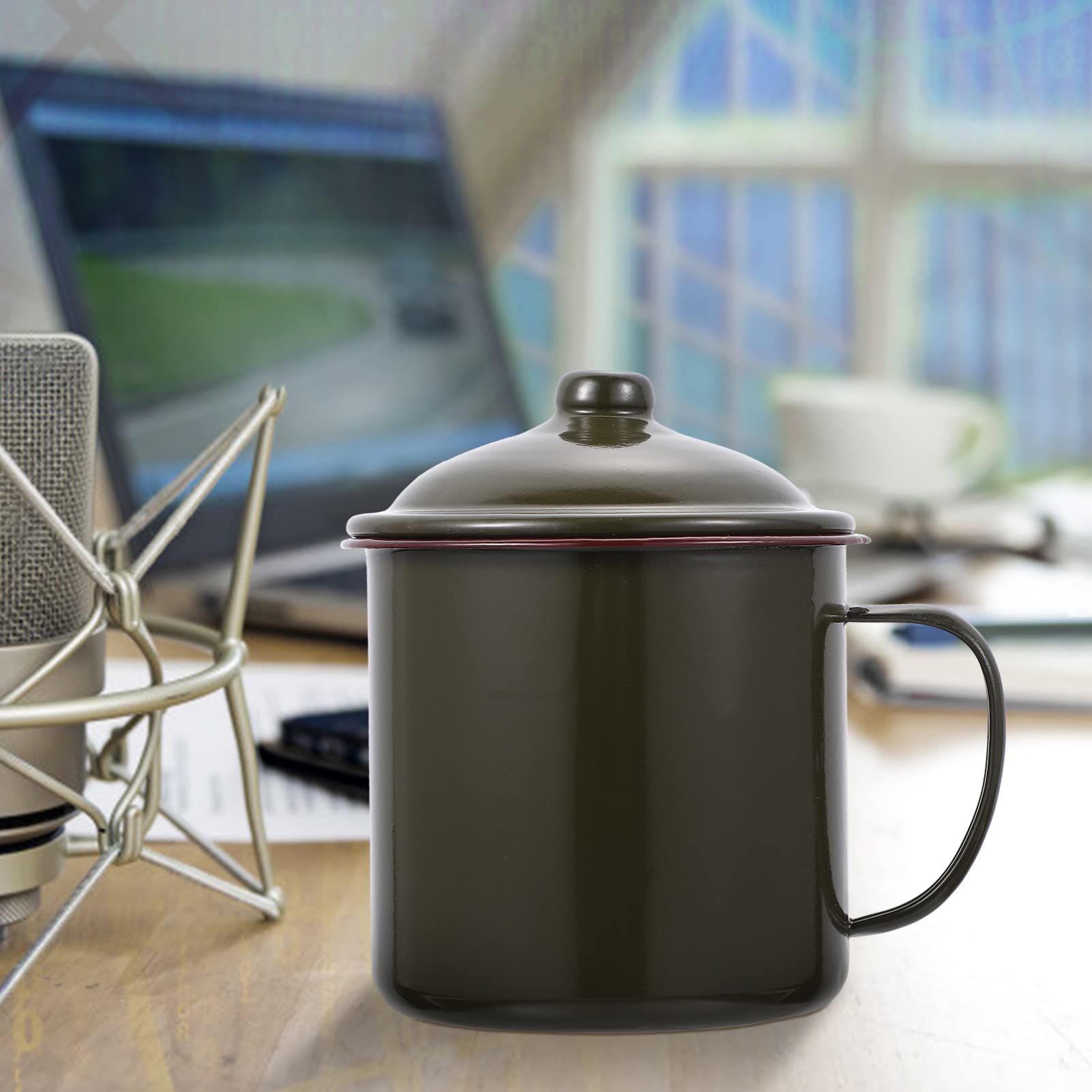 Garneck Enamelware Coffee Mug Enamel Camping Mug Vintage Iron Metal Water Cup with Lid Retro Wine Cup Drinking Tumbler for Tea Milk Juice Beverage Whiskey Green 12cm