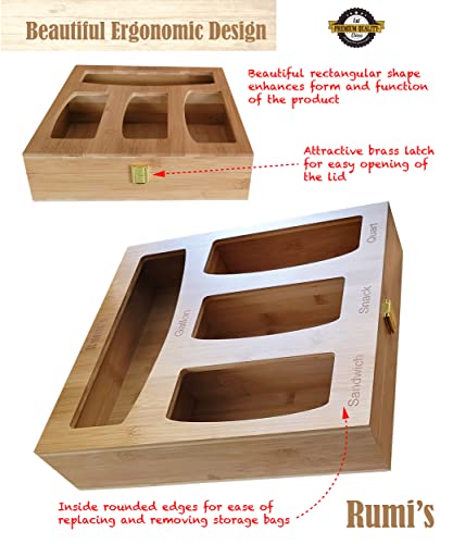 RUMI'S Ziplock Bag Storage Organizer for Drawer Bamboo Gallon, Quart, Sandwich, Great Value, Glad, Hefty Larger & More Practical Size: 13.5'' x 12.0'' x 3.0'' Inches. Golden Yellow 1 1.0 Count