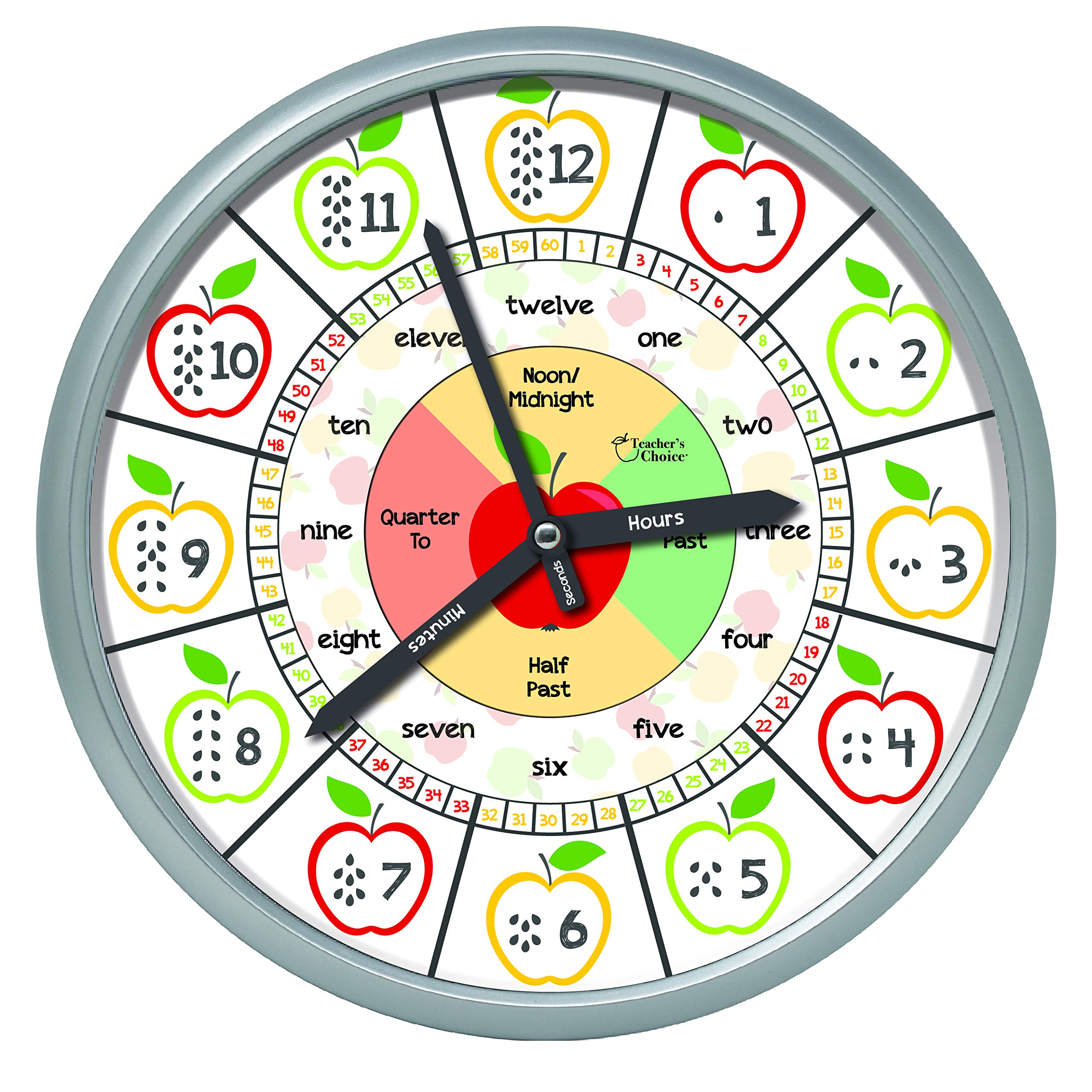 Educational Wall Clock - Silent Movement Time Teaching Clock for Teacher's Classrooms and Kid's Bedrooms (Silver/Multicolor Apple)