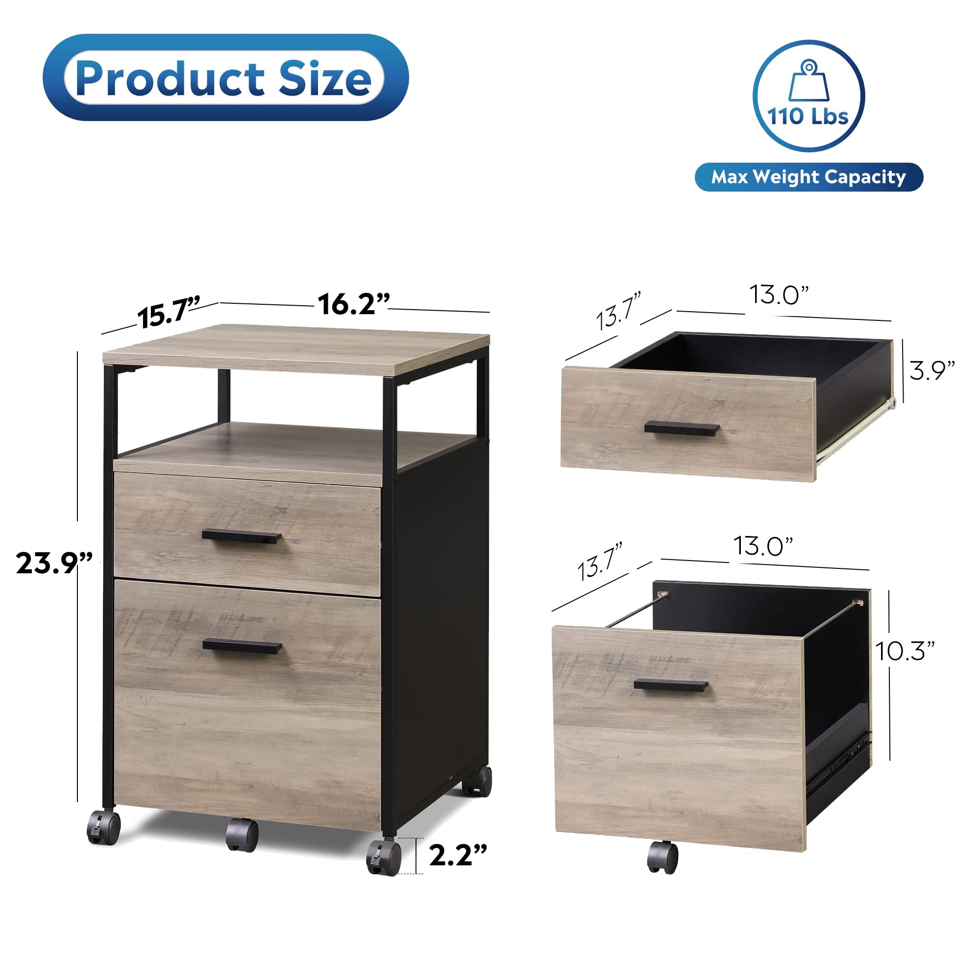 DEVAISE 2 Drawer File Cabinet, Mobile Printer Stand with Open Storage Shelf, Wood Filing Cabinet fits A4 or Letter Size for Home Office, Greige