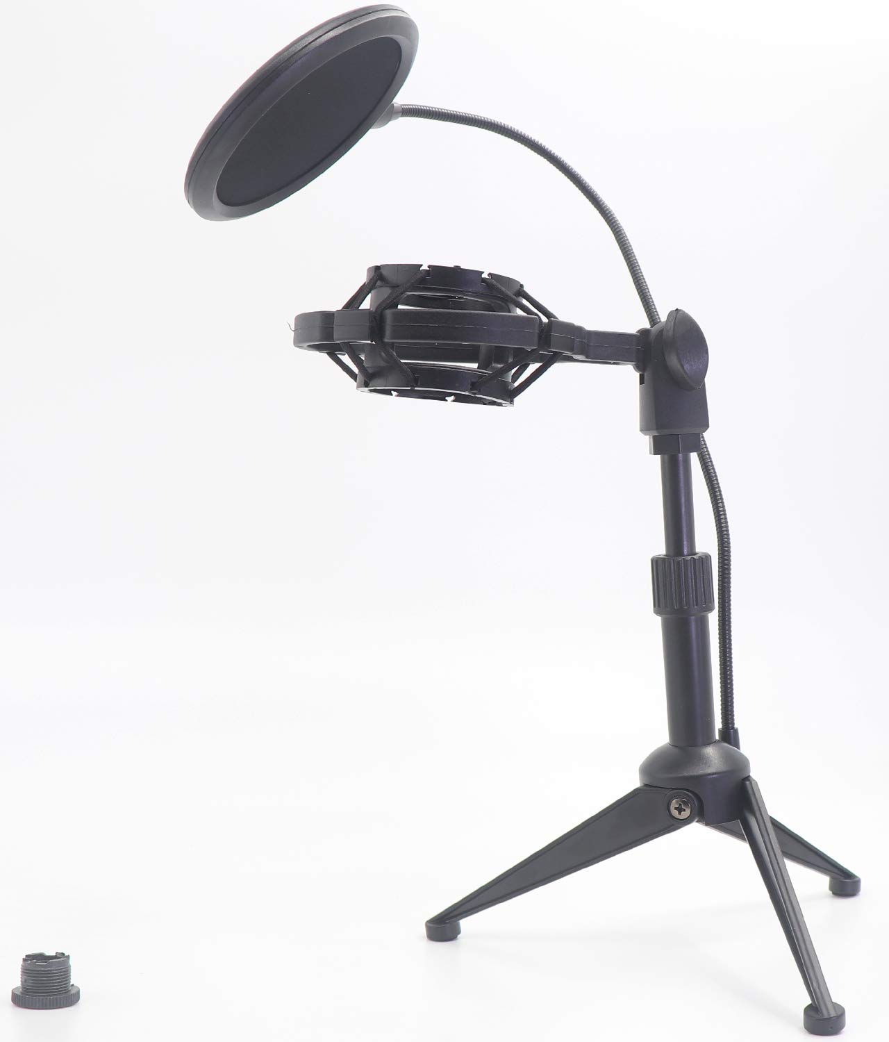 Desktop Microphone Tripod Suspension Stand with Shock Mount Anti-Vibration Mic Holder and 4" Round Mask Shield Double-Net Wind Screen Pop Filter (Large, Black)