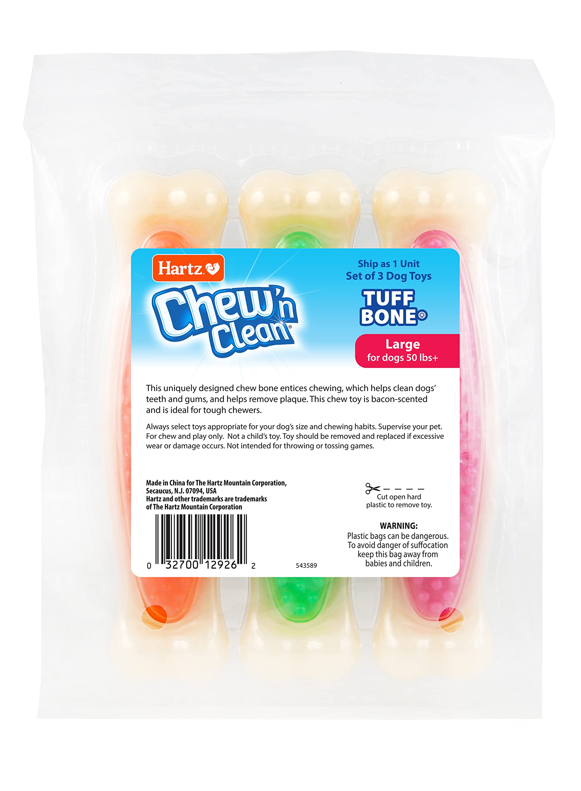 Hartz Chew 'n Clean Tuff Bone Tough Dog Chew Toy, Large 3 Pack