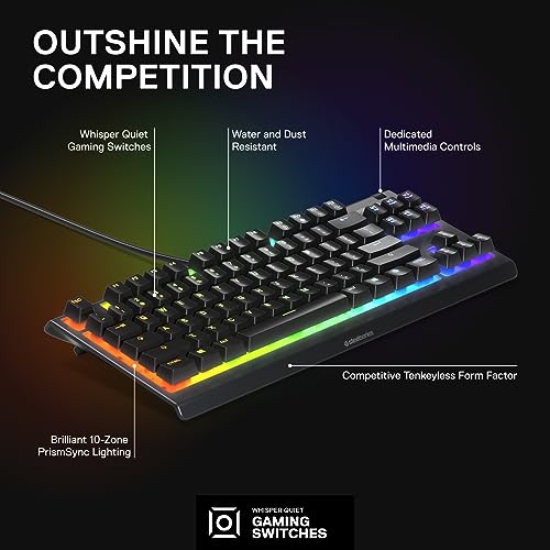 SteelSeries Apex 3 TKL RGB Gaming Keyboard β Tenkeyless Compact Form Factor - 8-Zone RGB Illumination β IP32 Water & Dust Resistant β Whisper Quiet Gaming Switch β Gaming Grade Anti-Ghosting,Black