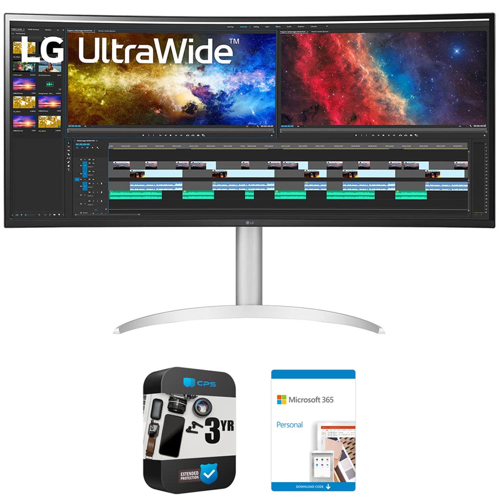 LG 38WP85C-W 38" Curved 21:9 UltraWide QHD 3840x1600 PC Monitor Bundle with 3 YR CPS Enhanced Protection Pack and Microsoft 365 Personal 15 Month Subscription