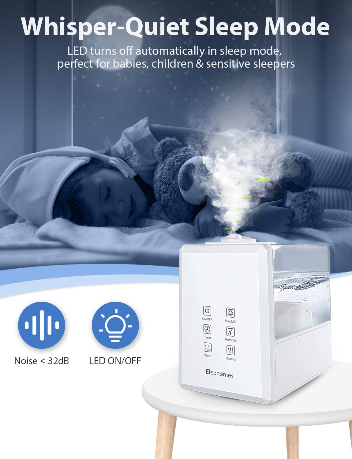 Elechomes Humidifiers for Bedroom (6L), Ultra-Quiet Warm and Cool Mist Humidifiers for Home, Baby and Plants, Humidity Sensor, Sleep Mode, Timer, UC5501, White