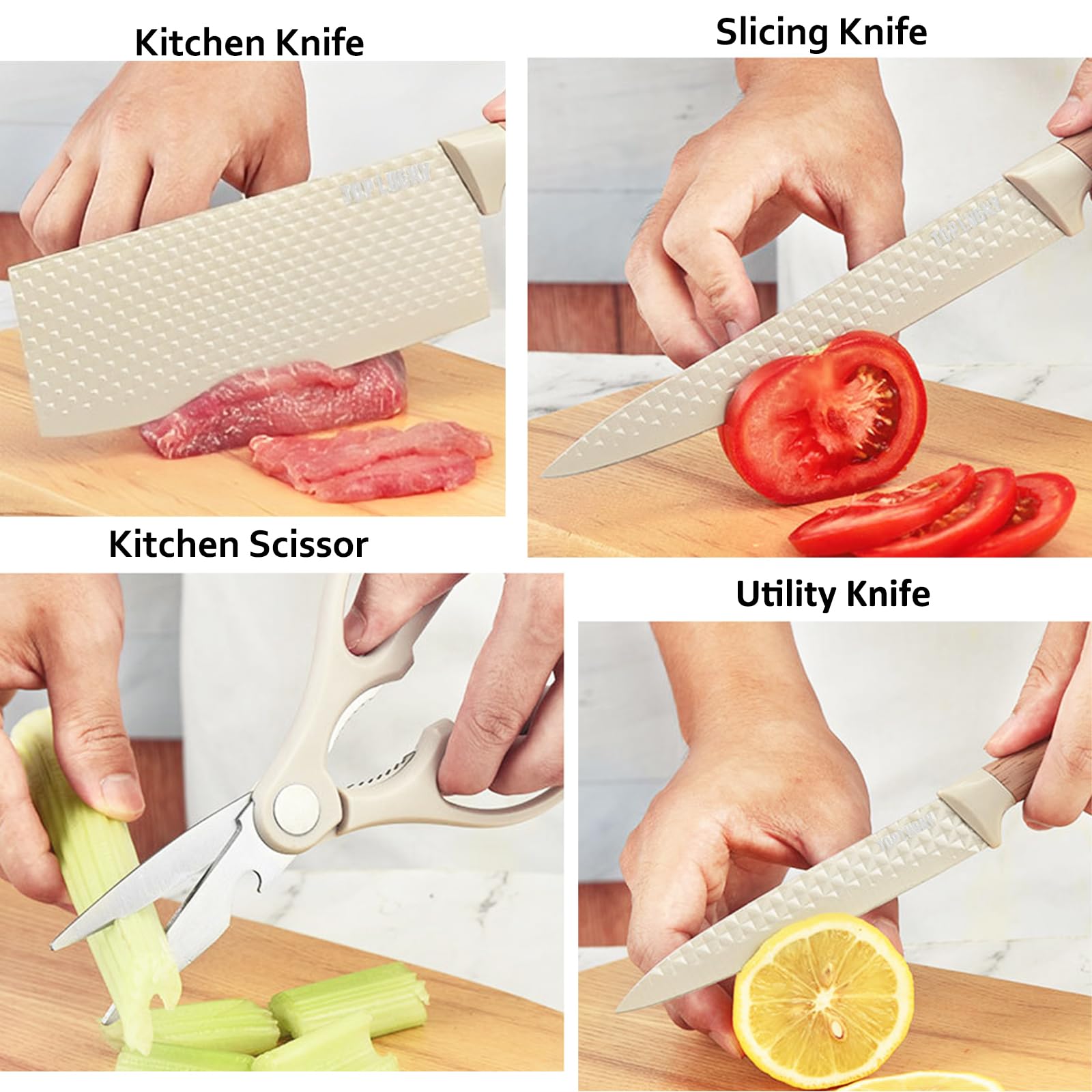 Knife Set, 6-Piece Versatile Kitchen Knife Set Khaki Sharp Knife Sets for Kitchen with Block Professional Chef Knife Block Set, Anti-Rust Stainless Steel Knives Set for Kitchen, Space Saver Knives Set