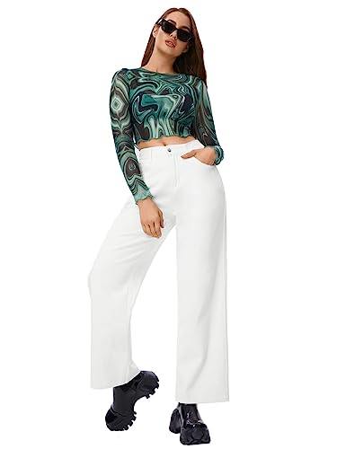 SweatyRocks Women's Casual Loose High Waist Solid Straight Wide Leg Jeans White Elastic Waist S