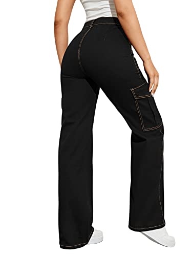 SweatyRocks Women's High Waist Cargo Jeans Flap Pocket Wide Leg Denim Pants Solid Black XXS