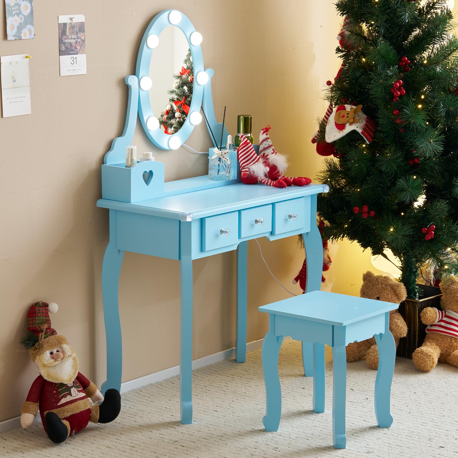 Karl home Kids Vanity Table and Chair Set, Princess MDF Dressing Table with 3-Color LED Lighted Mirror and 3 Drawers, Lovely Waved Design for Toddler's Bedroom and Playroom Decor, Macaroon Blue