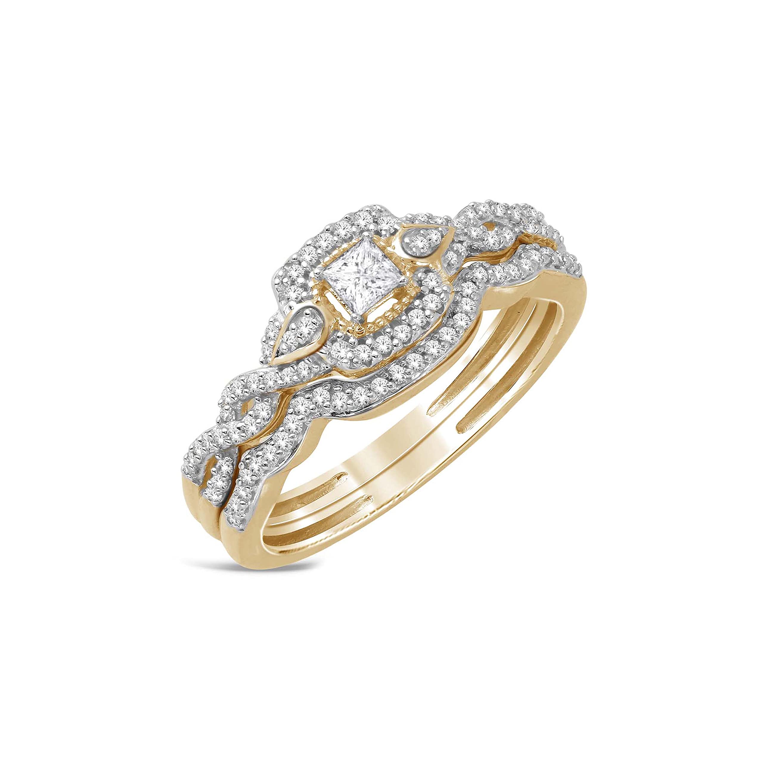 DZON 10k Yellow Gold 1/3CT TDW Diamond Halo Princess-Cut Engagement Ring Set Love Gift for Women (I-J,I2)