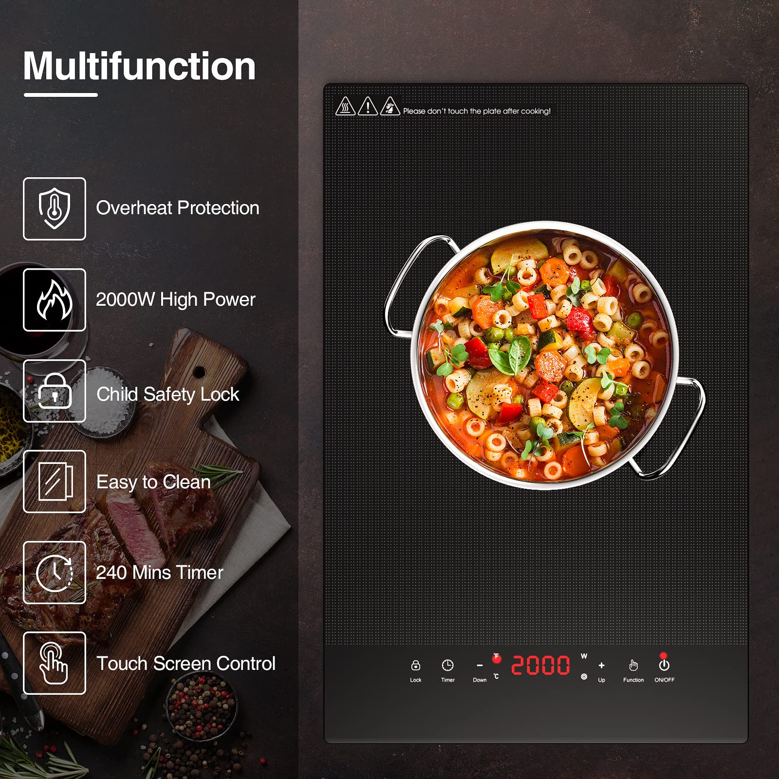 Electric Cooktop 12 Inch 110v, ANHANE Single Burner Electric Hot Plates 2000W Built-in and Countertop Infrared Burner, Suitable for all Cookware,with Plug