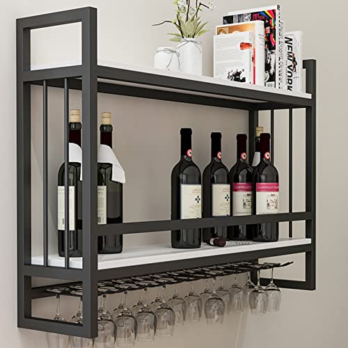 Nordic Iron Wine Rack Wall Hanging Racks,Wall Decoration Metal Wine Bottle Storage Shelf ,Creative Hanging Cup Rack Display Rack with White Wooden Board (Size : 60x20x61cm)