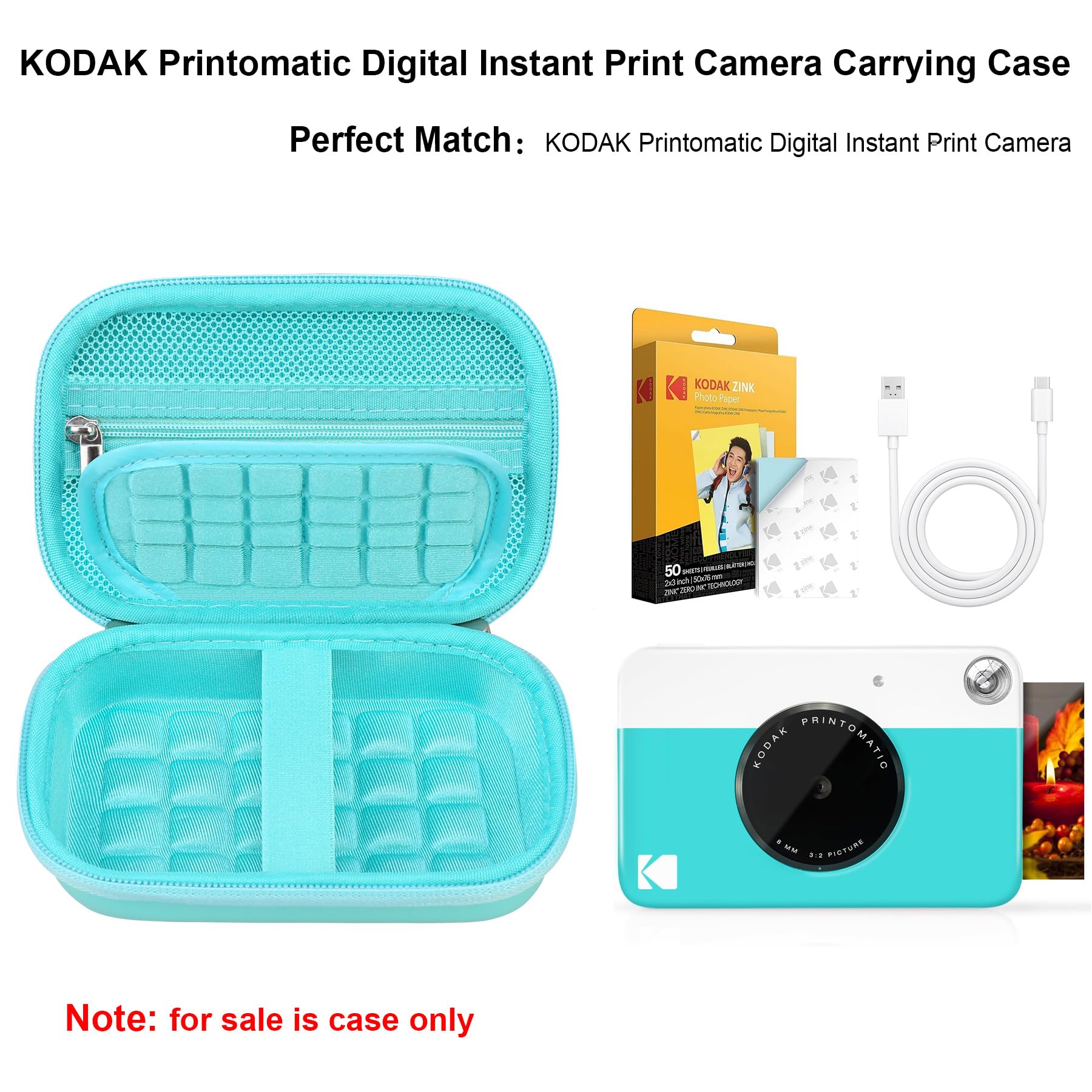Elonbo Camera Carrying Case for KODAK Printomatic Digital Instant Print Camera, Portable Bluetooth Photo Printer Storage Holder Bag, Mesh Bag Fits Photo Paper,MicroSD Card,USB Cable, Green+Green