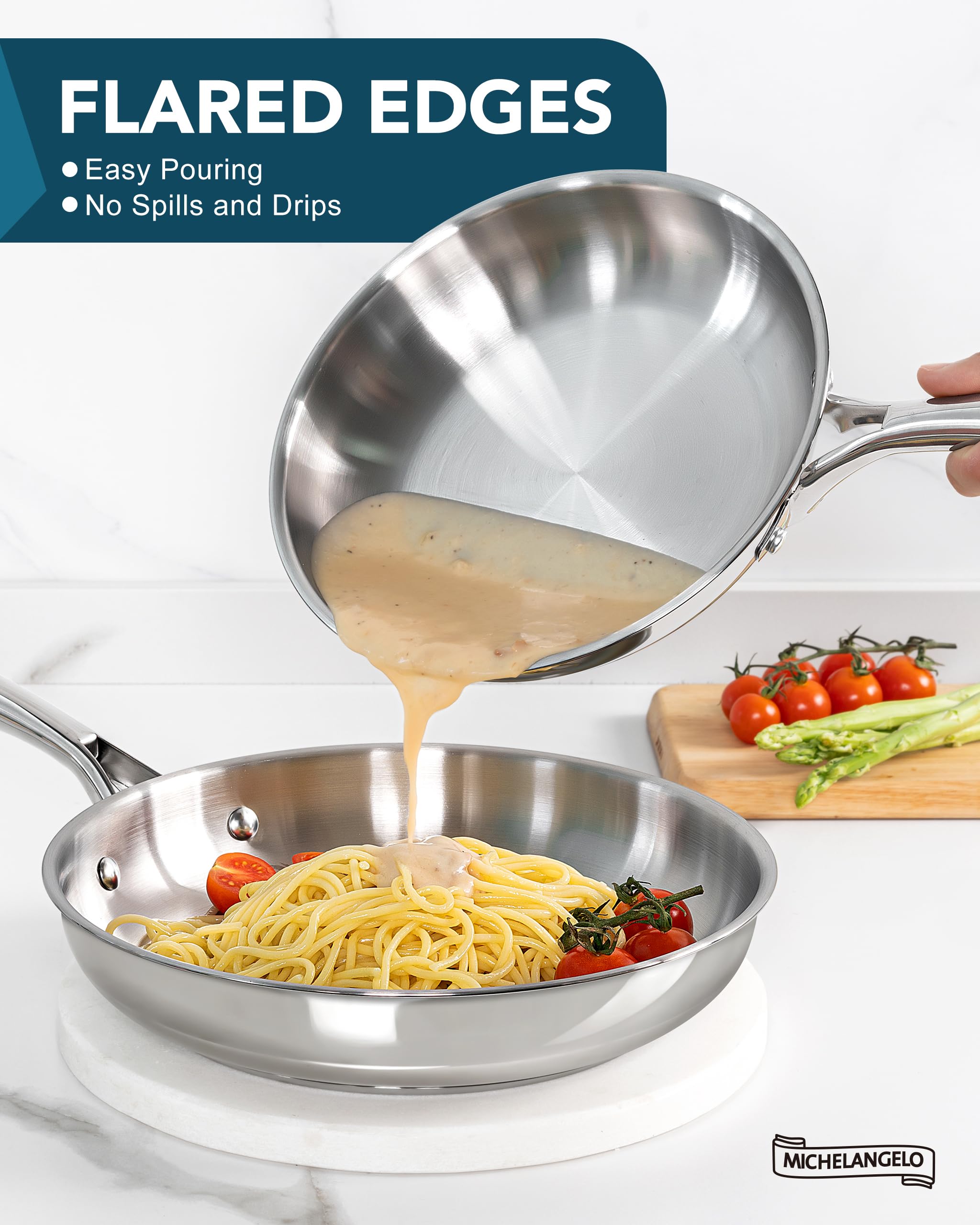 MICHELANGELO Stainless Steel Frying Pan Set, 8" / 9.5" / 11" Cooking Pans, Triply Base Stainless Steel Pan Set with Ergonomic Handle, Induction Compatible