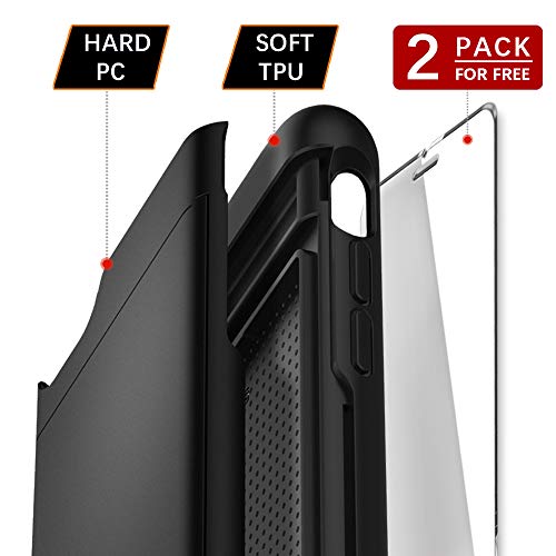 SUPBEC iPhone XR Case with Card Holder and[ Screen Protector Tempered Glass x2Pack] i Phone xr Wallet Case Cover with Shockproof Silicone TPU + Anti-Scratch Hard PC - Full Protective (Black)