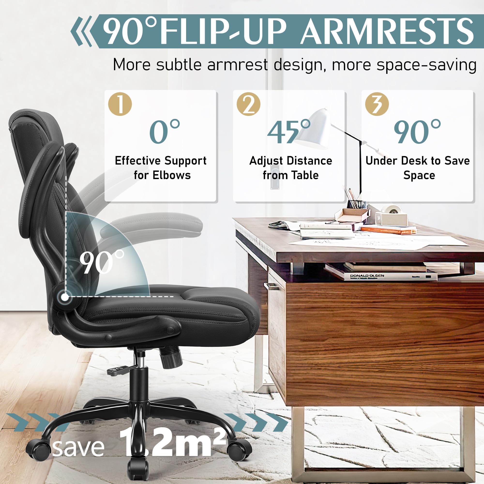 Leather Office Chair, PU Home Computer Desk Chairs with Ergonomic Back Support, 360°Swivel Free,Small Gmaing Chair with Wheels and Adjustable Armrests, for Short People Use, Black