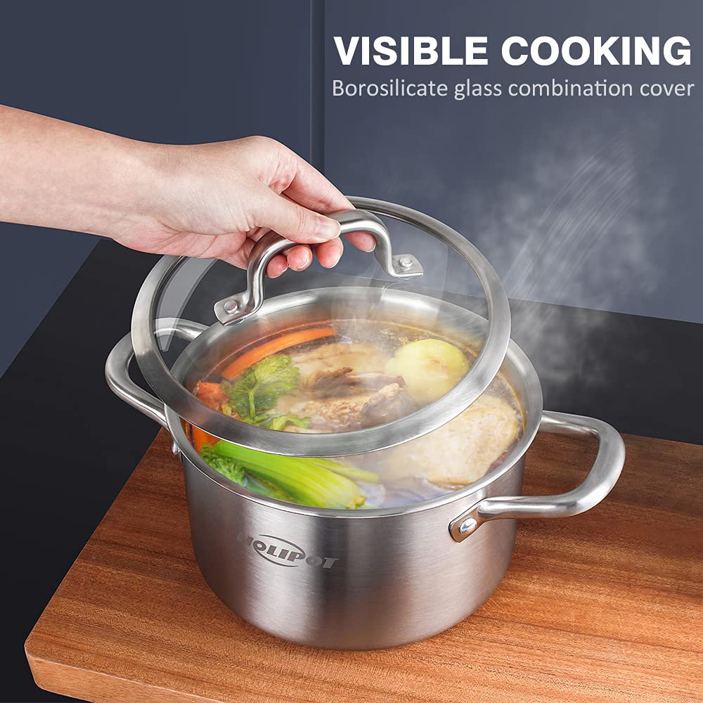 HOLIPOT Stock Pot, 3.5 Quart Tri-Ply Stainless Steel Pot with Double Handle, Soup Cooking Pot with Lid and Mini Silicone Oven Mitts, Induction Compatible, Dishwasher Safe