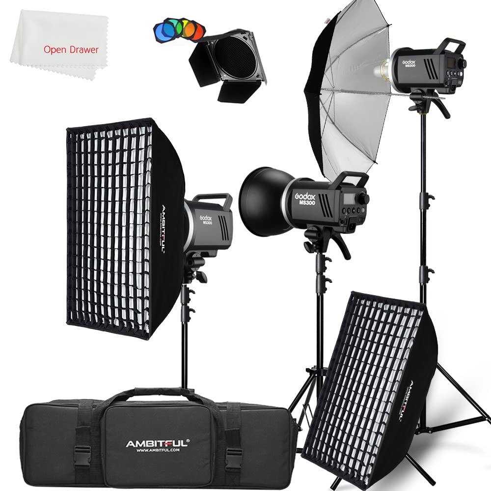 Godox MS300 Studio Light Kit, 900W Studio Strobe Flash, GN58 5600K, Built-in Godox 2.4G Wireless X System, 0.1～1.8S Recycle Time, Bowens Mount with Honeycomb Grid Softbox + 110in Light Stand + Bag