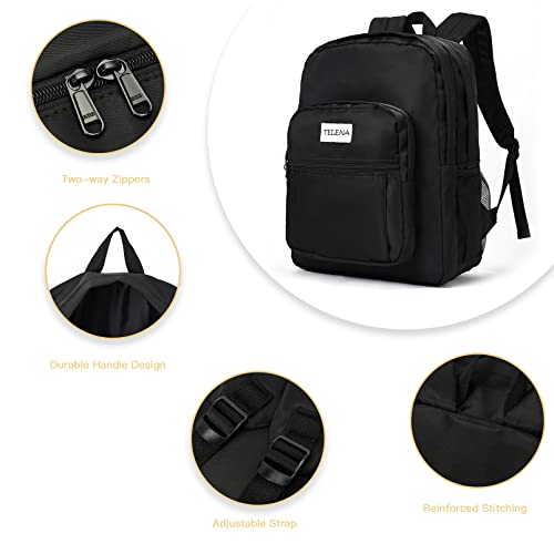 Telena School Backpack for Teen Girls Boys Lightweight Bookbag Backpack for Middle & High School with Bottle Side Pocket, Black Bookbag
