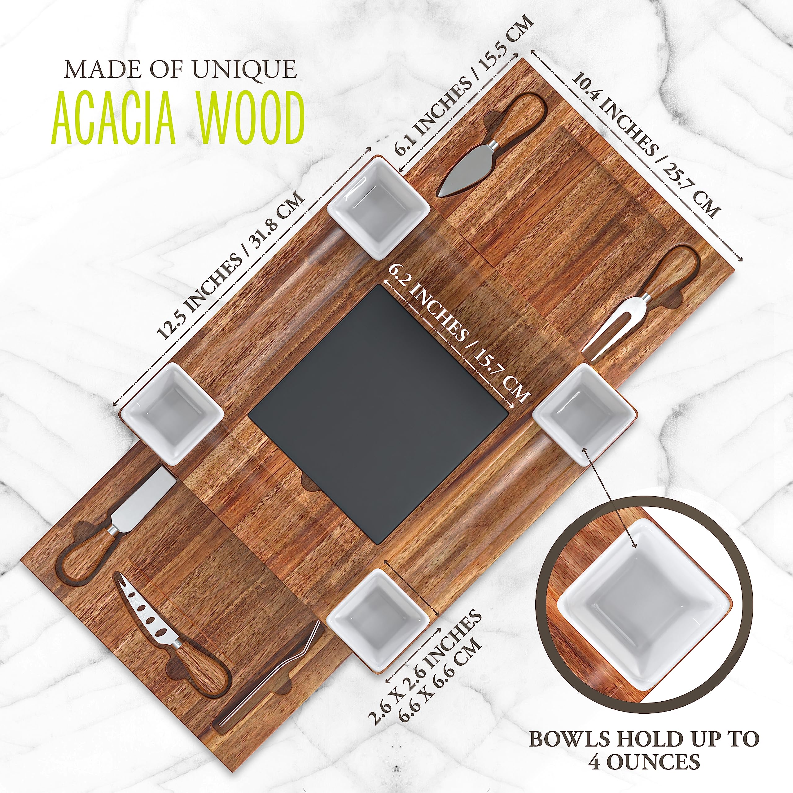 G Francis Large Charcuterie Boards with Bowls and Cheese Board Knife Set - 12.5in Square Acacia Wood Serving Platter Set