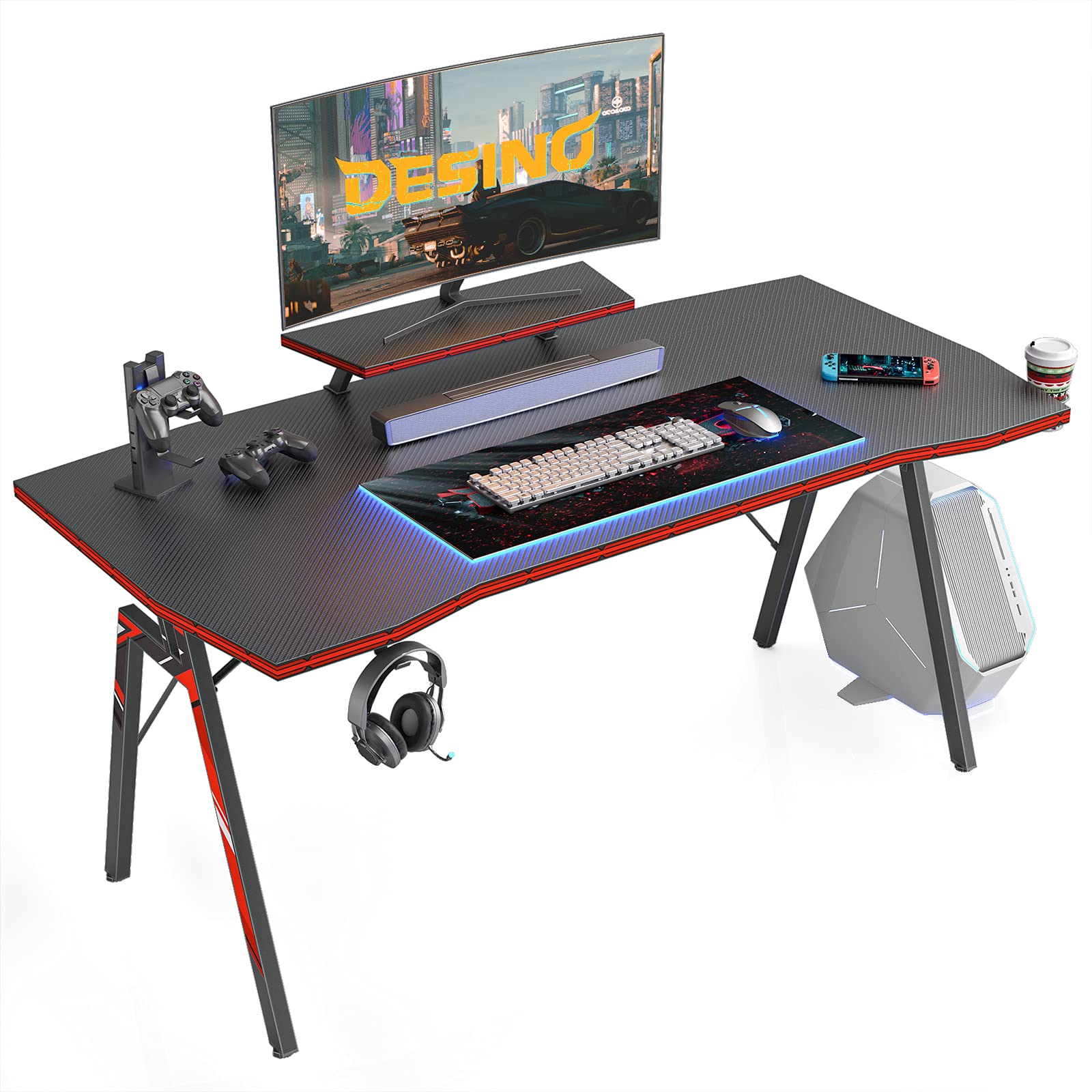 DESINO Gaming Desk 47 inch PC Computer Desk, Home Office Desk Table Gamer Workstation with Cup Holder and Headphone Hook, Black