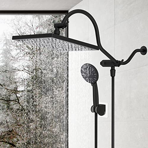 Hibbent 10 Inch High Pressure Rainfall Shower Head/Handheld Showerhead Combo with 12 Inch Adjustable Curved Shower Extension Arm,7-Spray,71-inch Hose Adhesive Showerhead Holder,Oil-Rubbed Bronze