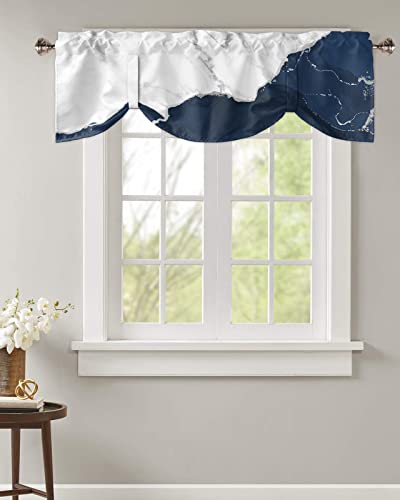 Tie Up Valance 12 Inches Long Wild Marble Pattern Gold White Navy Ombre Adjustable Top Shade Valance for Kitchen Window Treatments Rod Pocket Short Valances for Living Room Kids Room 42x12" 1 Panel