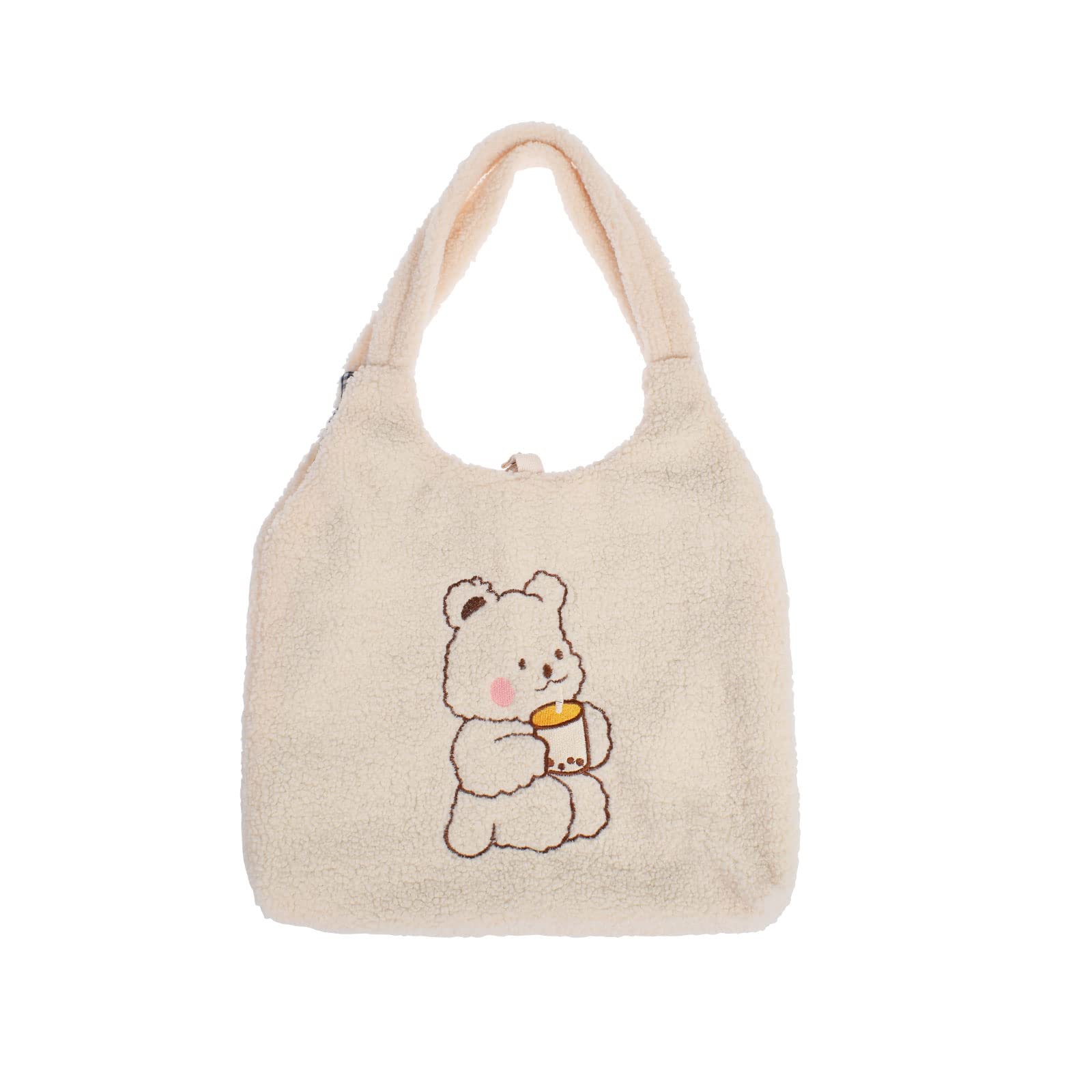 FVVMEED Women Canvas Tote Purse Lamb Like Fabric Shoulder Bag Simple Cute Bear Crossbody Handbag (B)