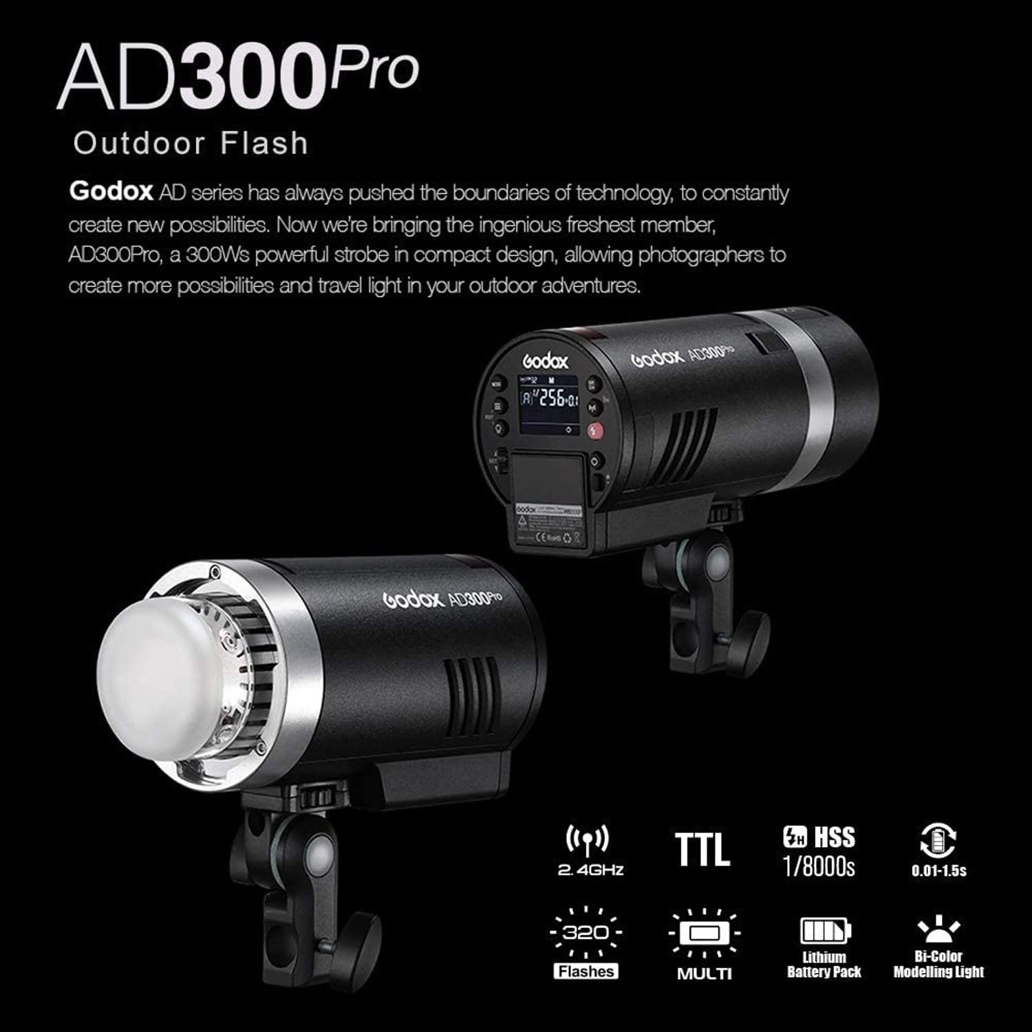 GODOX AD300 Pro Godox AD300Pro Godox Flash for Canon Sony Nikon Fuji Olympus Panasonic Camera,TTL 2.4G HSS 1 / 8000s Outdoor Strobe with 2600mAh Lithium Battery,320 Full Power Flashes