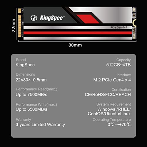 KingSpec 1TB NVMe SSD Gen 4x4, M.2 2280 PCIe 4.0 Gaming SSD, up to 7400MB/s, 3D NAND Flash Internal Hard Drive for Laptop & PC Desktop