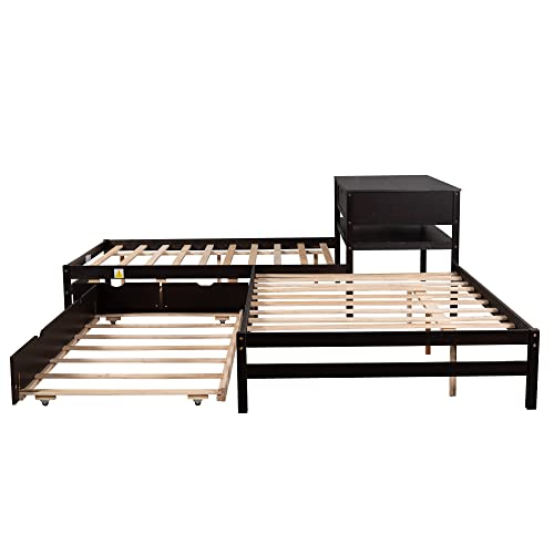 Full Size L Shaped Bed Platform Bed with Trundle and Drawers Linked with Built-in Rectangle Table, Wooden Bed Frame for Kids Teens Adults (Espresso)