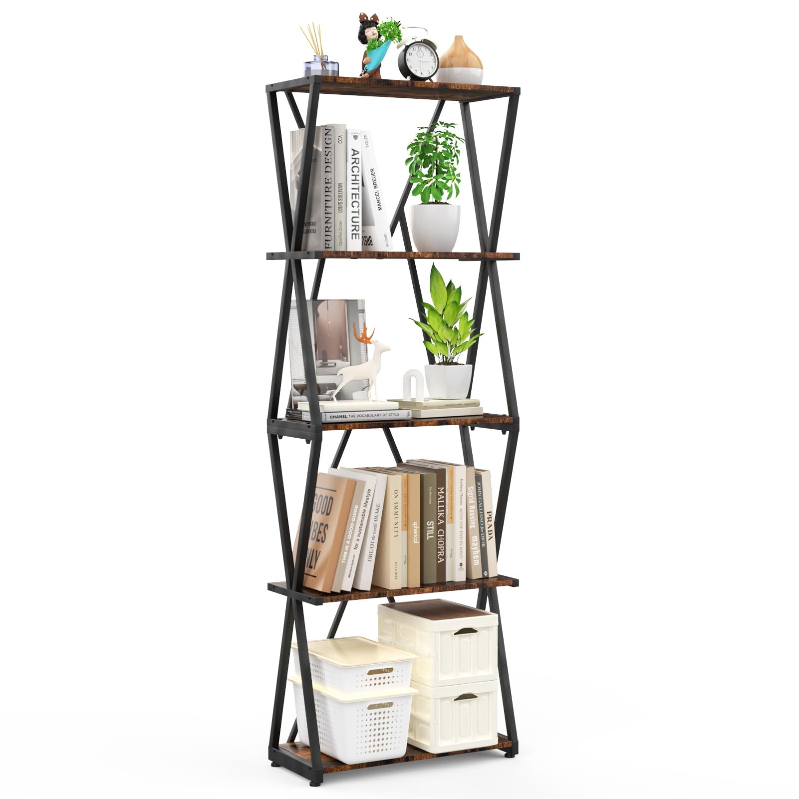 KIDSU 5 Tiers Bookshelf, Artsy Modern Bookcase, Book Rack with Metal Frame, Storage Rack Shelves Books Holder Organizer for Bedroom, Living Room and Home Office, Vintage (Rustic Brown)