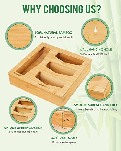 Ziplock Bag Storage Organizer for Kitchen Drawer, 4-in 1 Bamboo Food Baggie Holder, Compatible with Ziploc, Solimo, Glad, Hefty for Gallon, Quart, Sandwich, Snack & Freezer Gallon Variety Size Bag