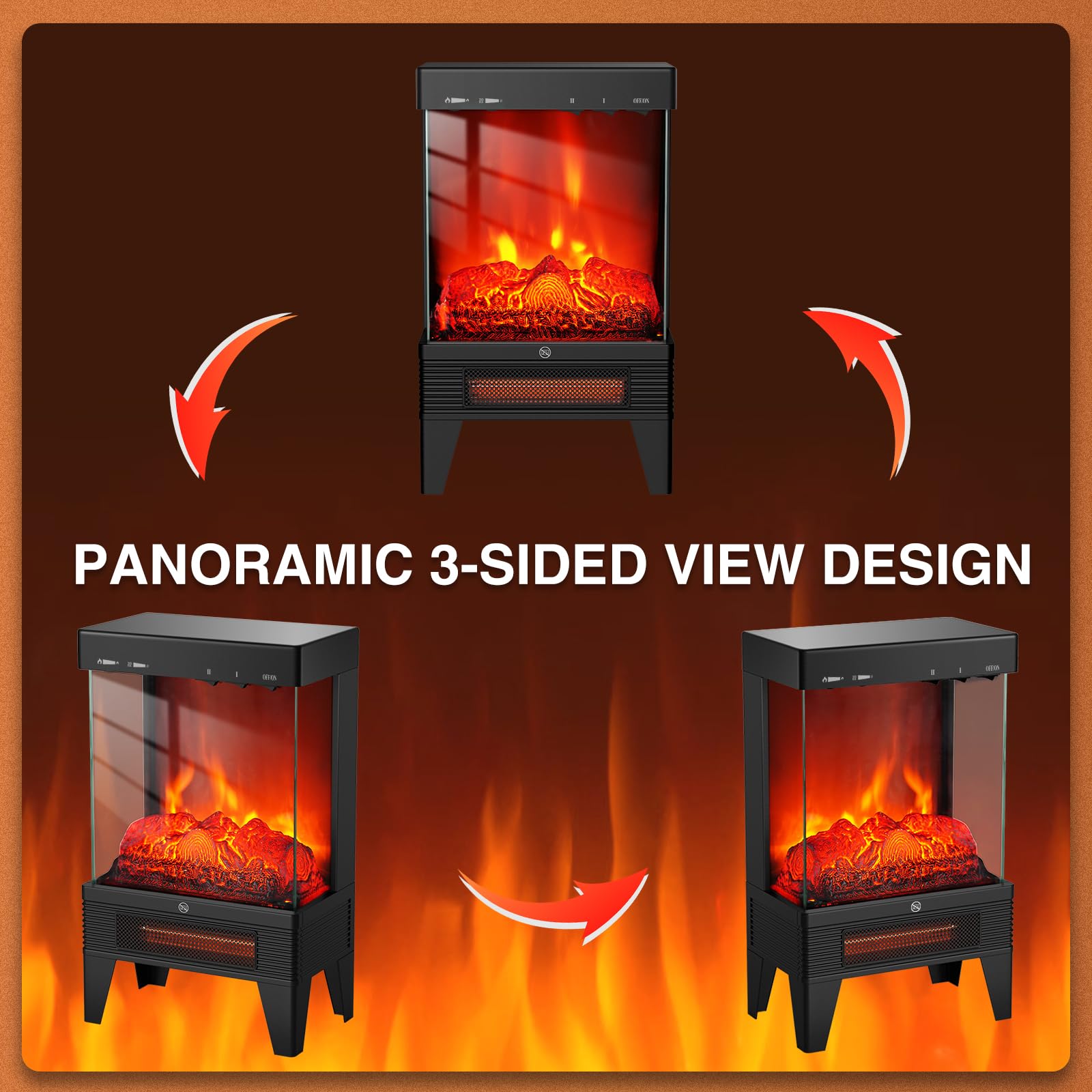 Electric Fireplace Stove, 1500W Freestanding Fireplace Heater with 3-Sided View, Realistic Flame, Adjustable Brightness and Heating Mode, Thermostat, Overheating Safe Design, ETL Certified