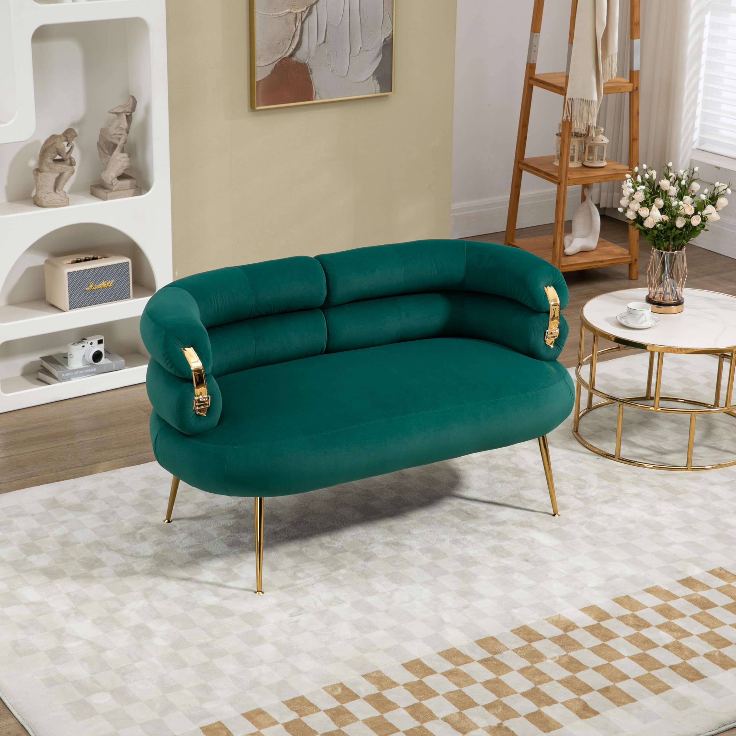 Velvet Small Loveseat Sofa, Upholstered Mini Couch with Curved Backrest, Modern 2-Seat Sofa with Gold Metal Legs, Comfy Love Seat for Living Room, Bedroom, Dorm, and Apart(Green)