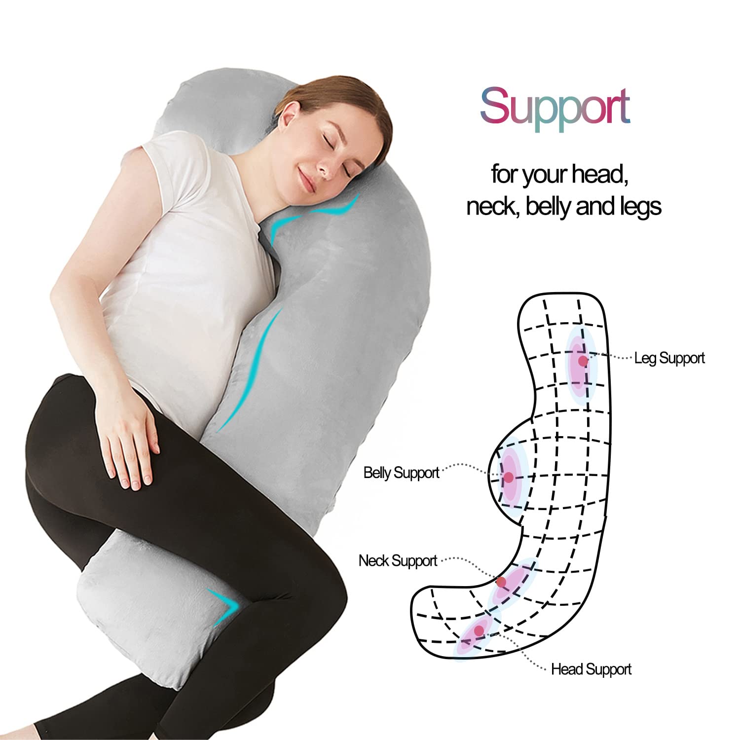 J-Shaped Pregnancy Pillows, Maternity Pillow with Cozy Cover, Pregnancy Pillows for Side Sleeping, Head, Neck, Belly Support Light Grey