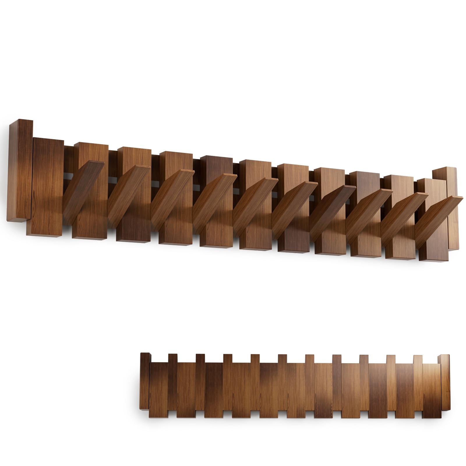 Kiseely Wooden Coat Rack, Wall Mounted Handmade Natural Hook, Space-Saving Coat Hanger with 10 Flip-Down Hooks for Entryway, Bedroom, Bathroom Decoration (Walnut M1, 10 Hooks)
