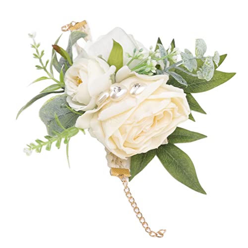 Wrist Corsage Wristlet Band Bracelet for Wedding Bride Wrist Flower Artificial Flower Decorative White Roses and Green Leaves for Wedding Party
