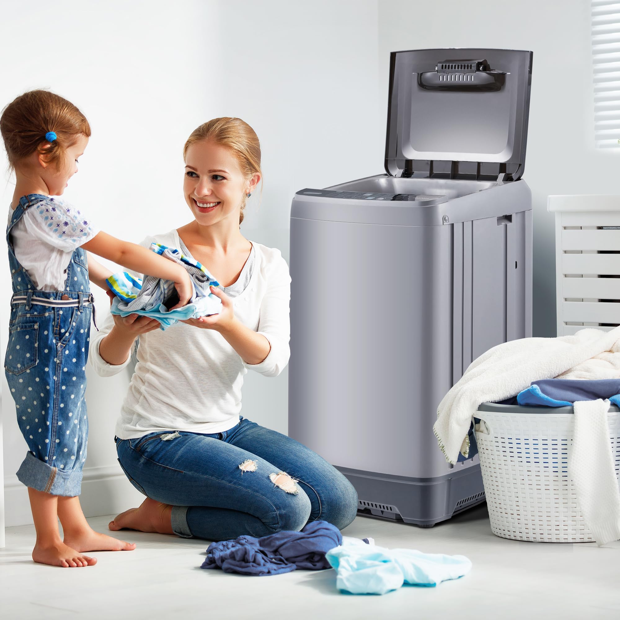 Full-Automatic Portable Washing Machine,2.3 Cu.ft Washer and Dryer Combo,Portable Washer and Spin Dryer with Drain Pump,Small Laundry Washer for Apartment Household RV,10 Wash Program & 8 Water Level,Grey