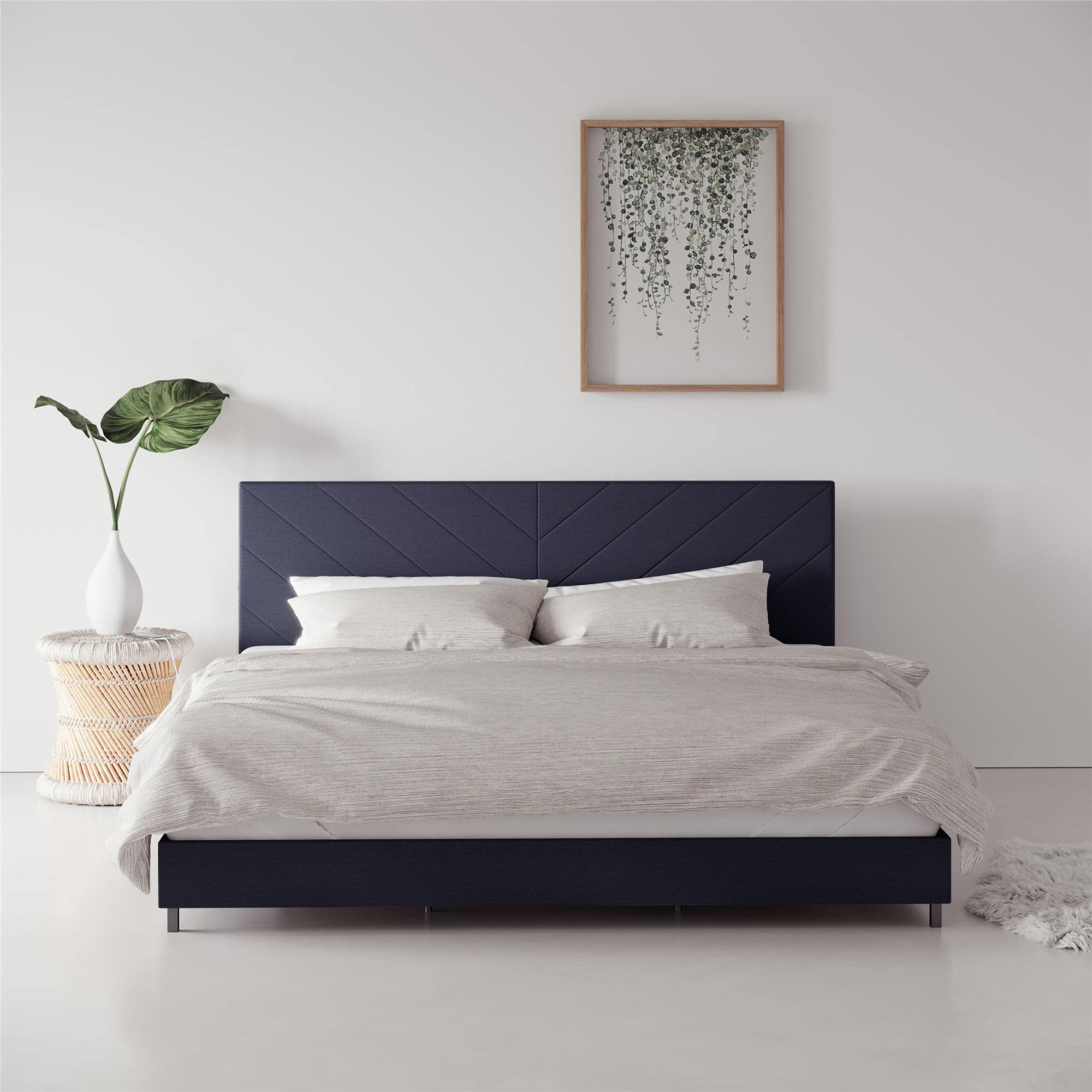 DHP Mathias Upholstered Bed with USB, Dual Port with Power Adapter, King, Navy