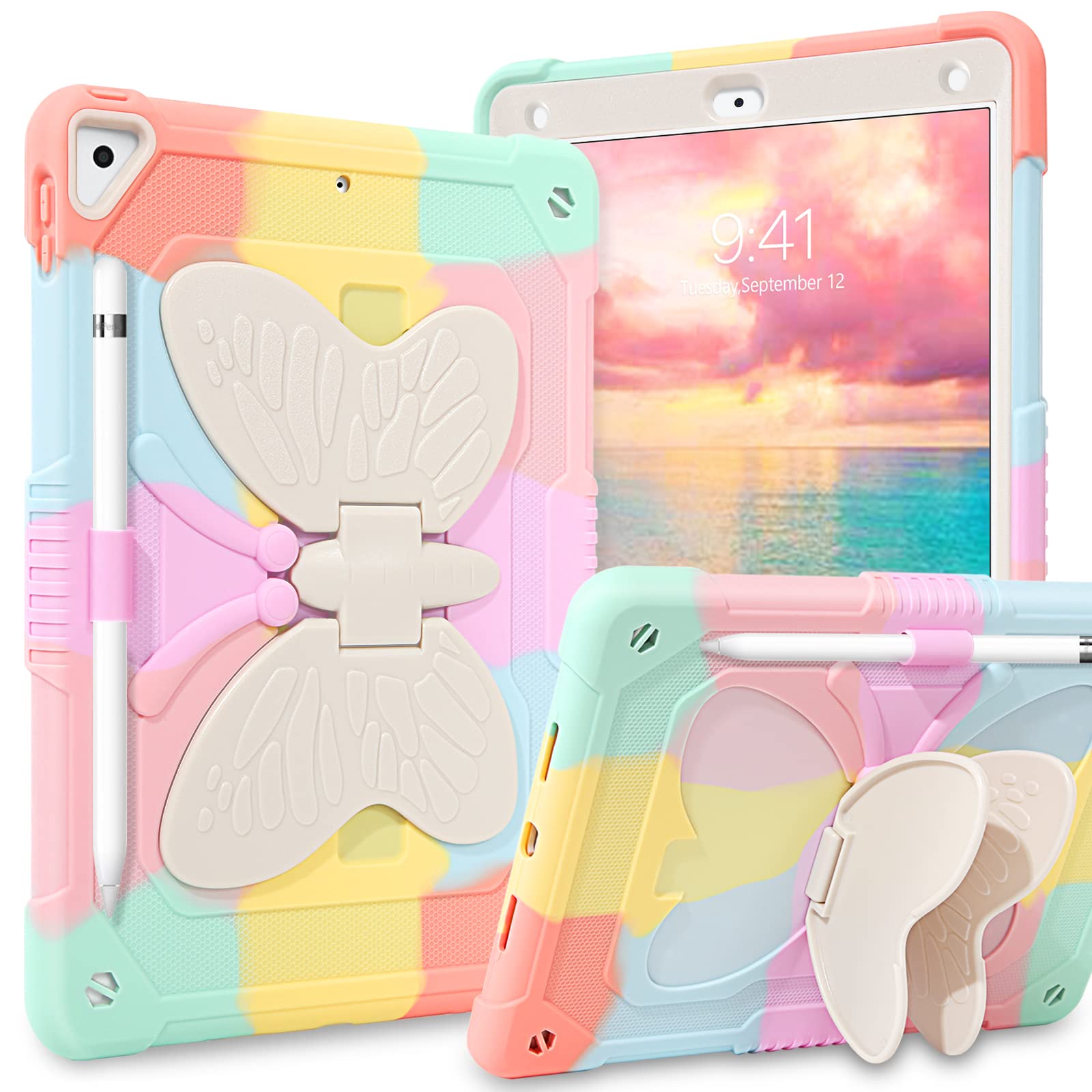 VENINGO iPad Air 2 & iPad 9.7 2017/2018 & iPad Pro 9.7 Case, iPad 5th/6th Generation Case, 2 in 1 Rugged Full Body Shockproof Protective Girls Women Tablet Cover with Stand Pen Holder, Colorful Pink