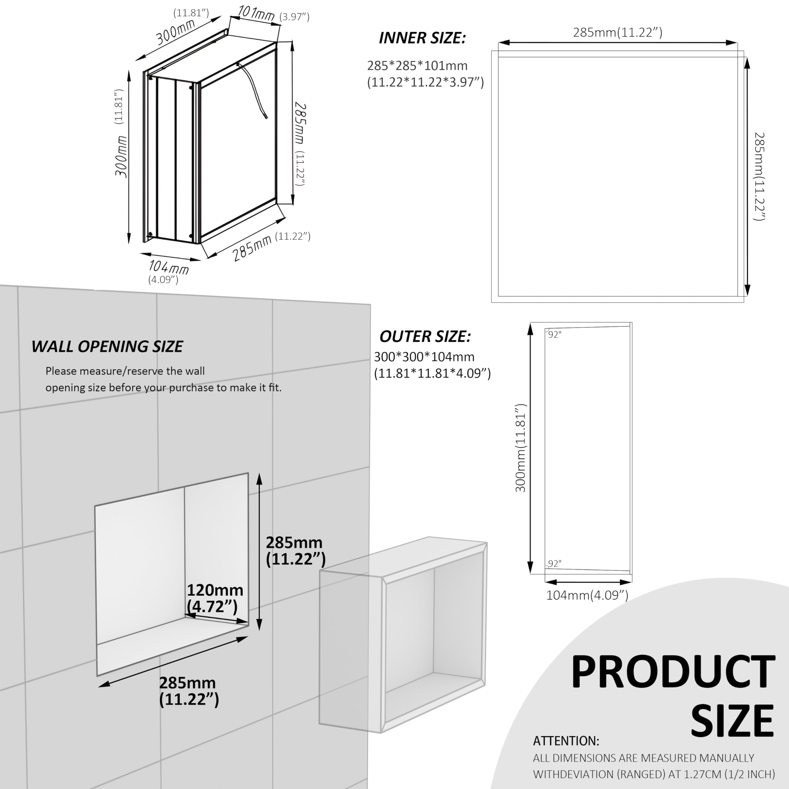 LOWIXI Recessed Shelves Niche 12" X 12",Shower Niche No Tile Needed, Bathroom Niche Recessed Shower Shelf Backsplash with Glass,Black