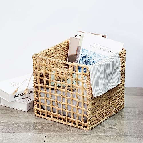GaiaMade Water Hyacinth Storage Basket Set Of 2, Natural Foldable Storage Cubes, Handwoven Cube Organizer Bins For The Living Room And Laundry, Special Pattern.