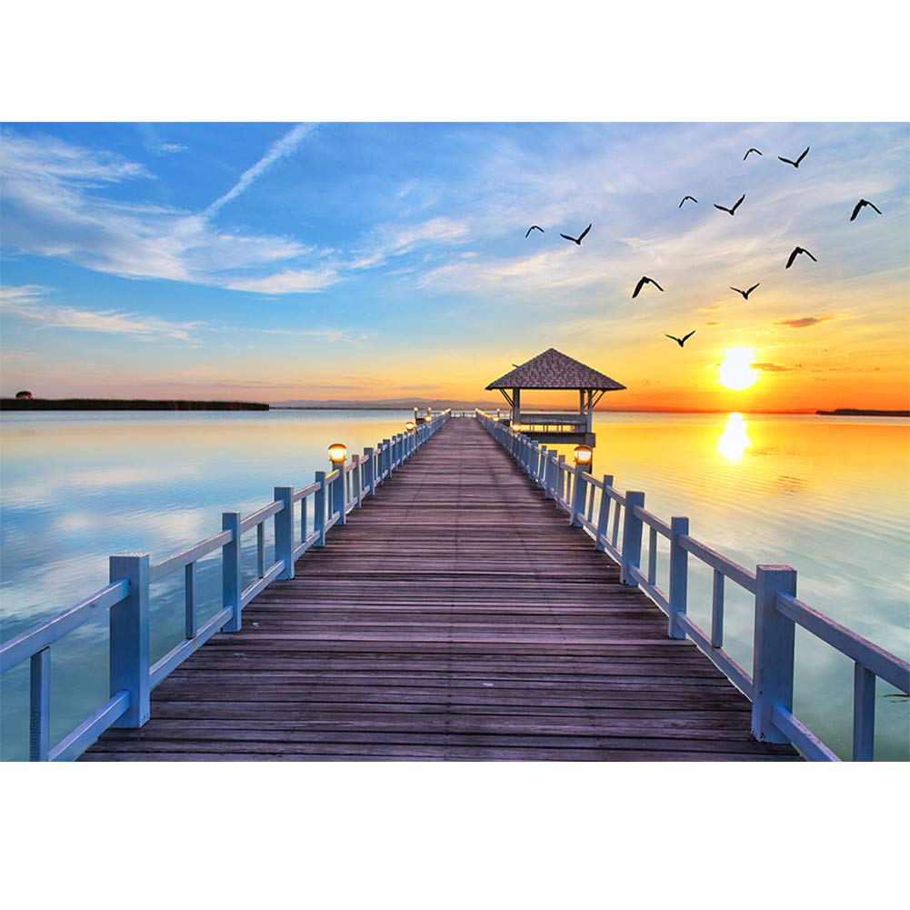 DIY 5D Full Drill Diamond Painting Kits for Adults Beach Sunset Road Plank Pavilion Sea Gull Paint by Numbers Tools Gem Art Wall Decor, 16 x 12 inches