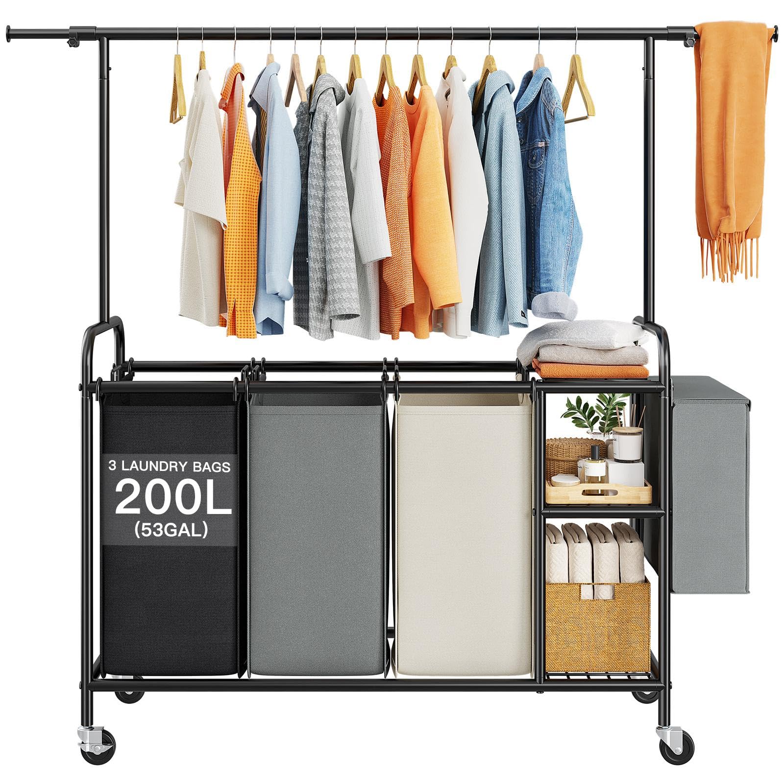 Raybee Laundry Hamper, Laundry Basket, Laundry Sorter, 200L(53Gal)Laundry Basket with Wheels, Laundry Sorter 3 Section, Laundry Hamper with 13" Adjustable Hanging Bar and 3 Tier Shelves