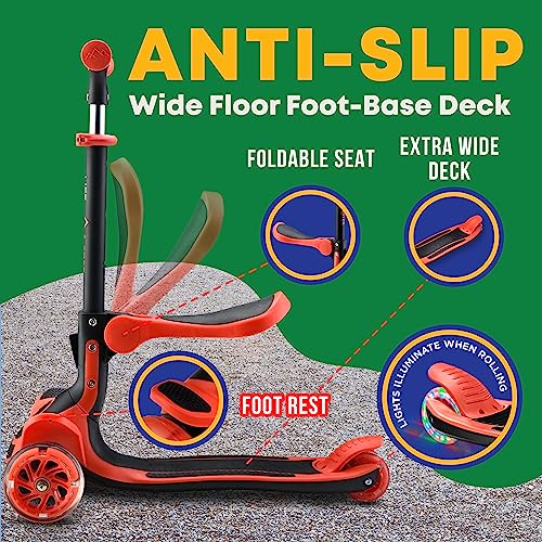 Kids Scooter – Foldable Seat – LED Wheel Lights Illuminate When Rolling – Children and Toddler 3 Wheel Kick Scooter – Adjustable Handlebar – Indoor and Outdoor- Red - by Lifemaster